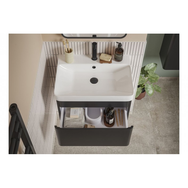 Pluto 605mm Wall Hung 1 Drawer Basin Unit & Basin - Matt Black